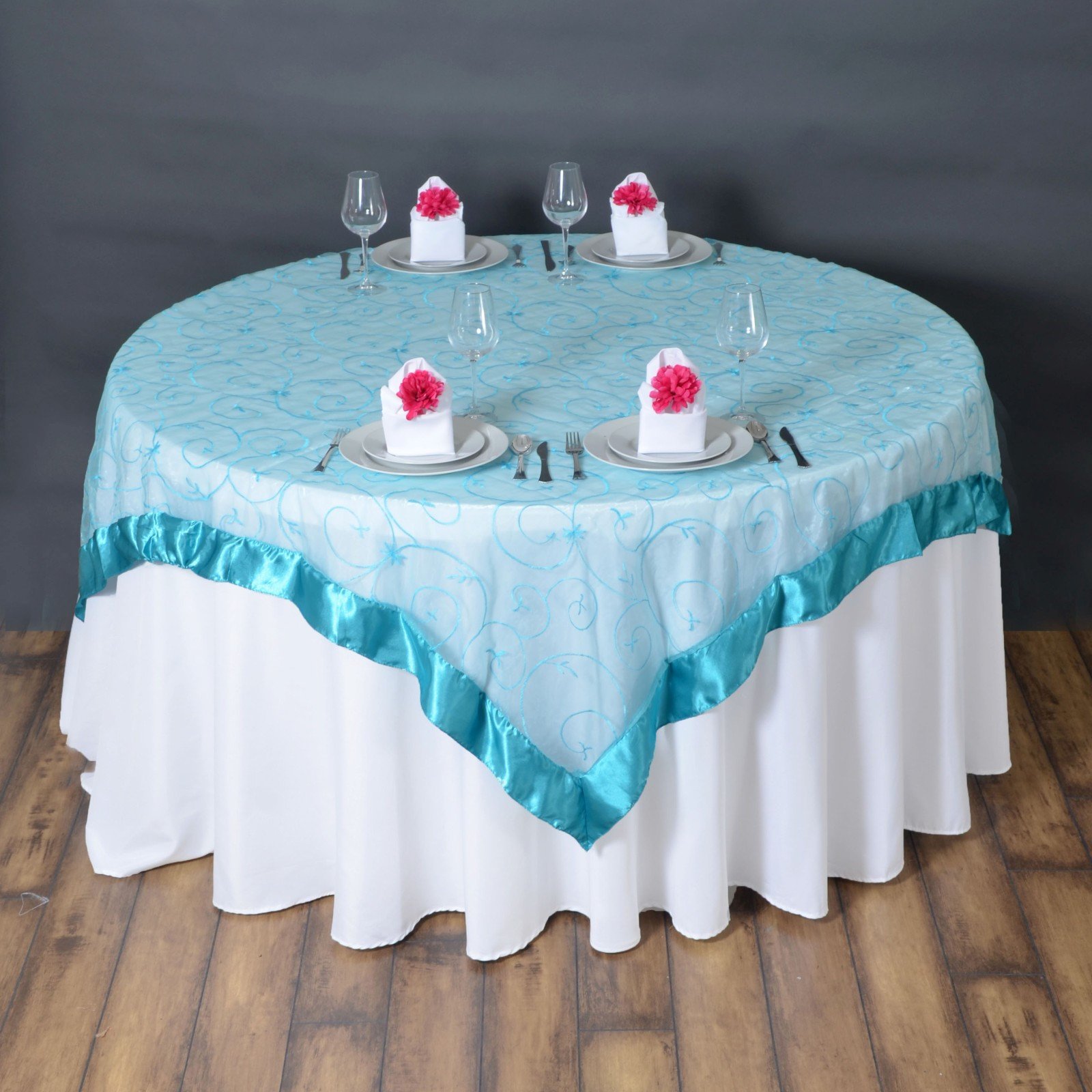 Buy 72" x 72" Turquoise Satin Edge Embroidered Sheer Organza Square ...