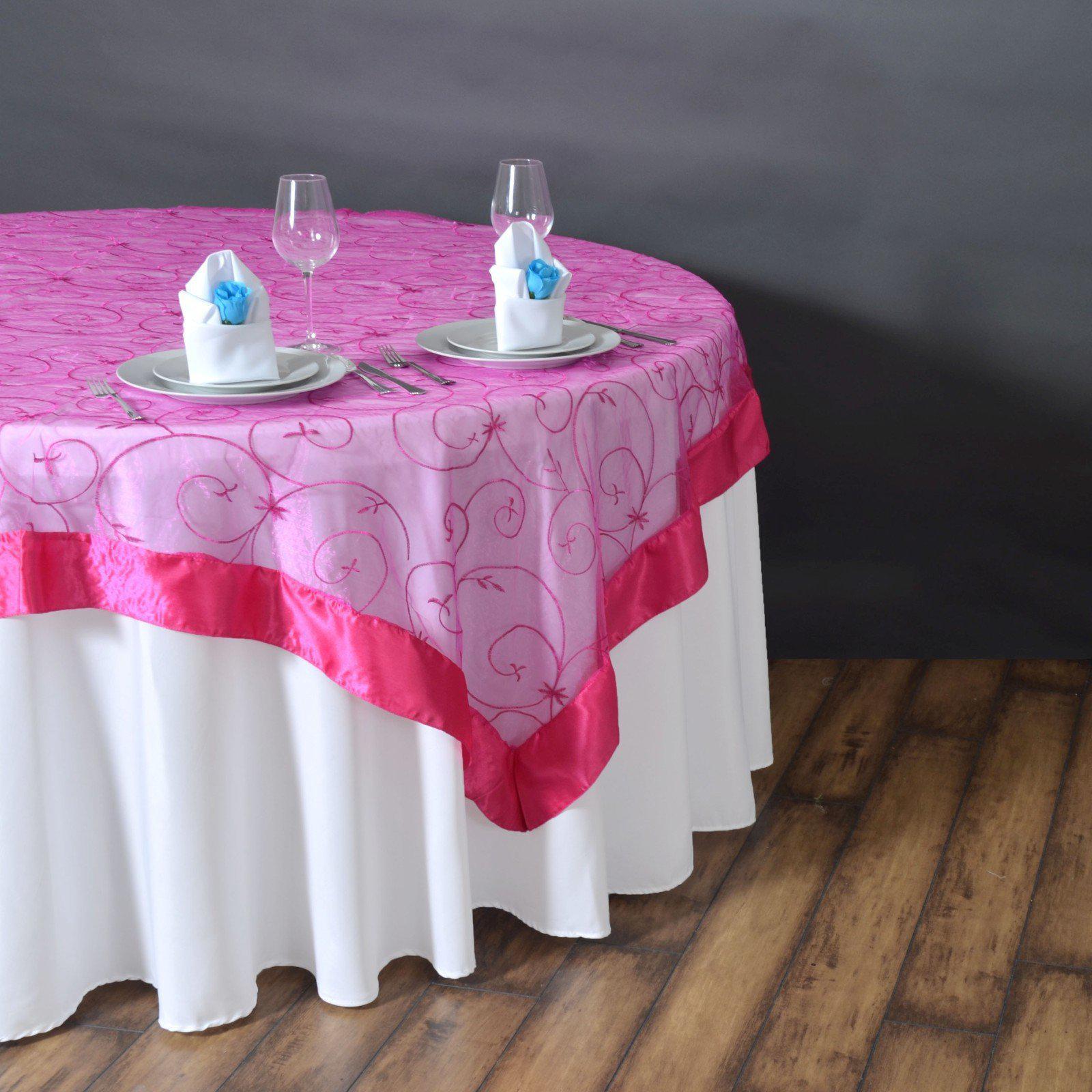 Buy 85" x 85" Fushia Satin Edge Embroidered Sheer Organza Square Table ...