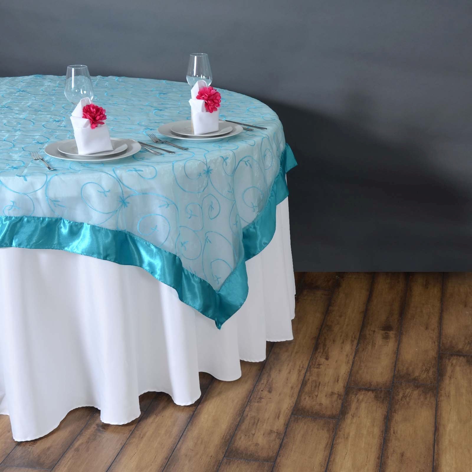 Buy 85" x 85" Turquoise Satin Edge Embroidered Sheer Organza Square ...