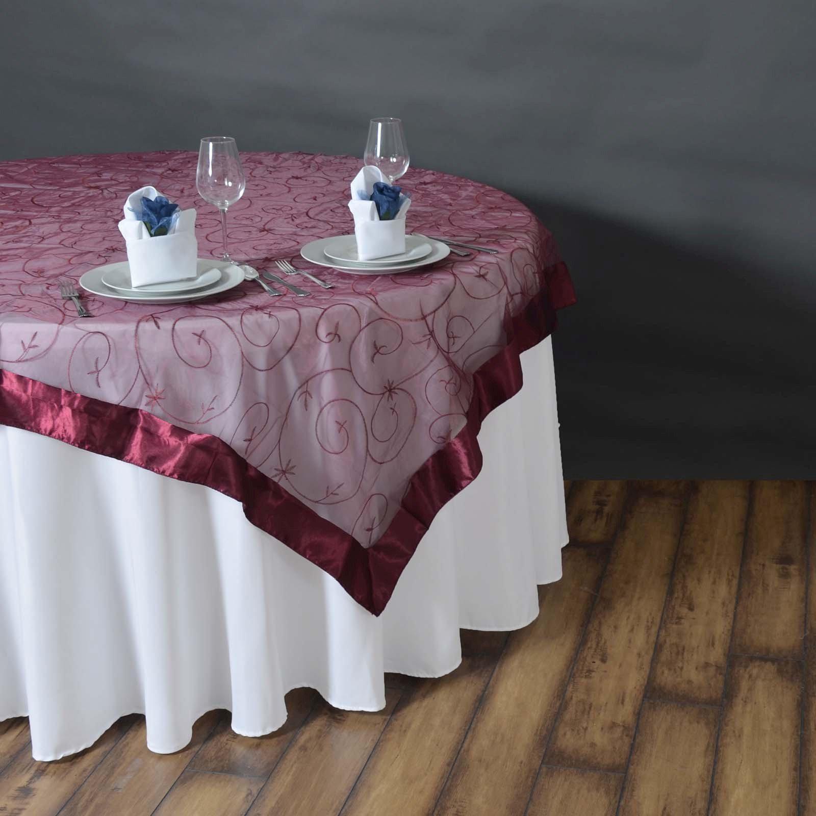 Buy 85" x 85" Burgundy Satin Edge Embroidered Sheer Organza Square ...